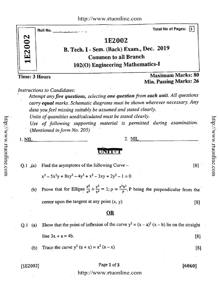 Btech 1 Sem Engineering Mathematics 1 1e2002 Dec 2019 | PDF