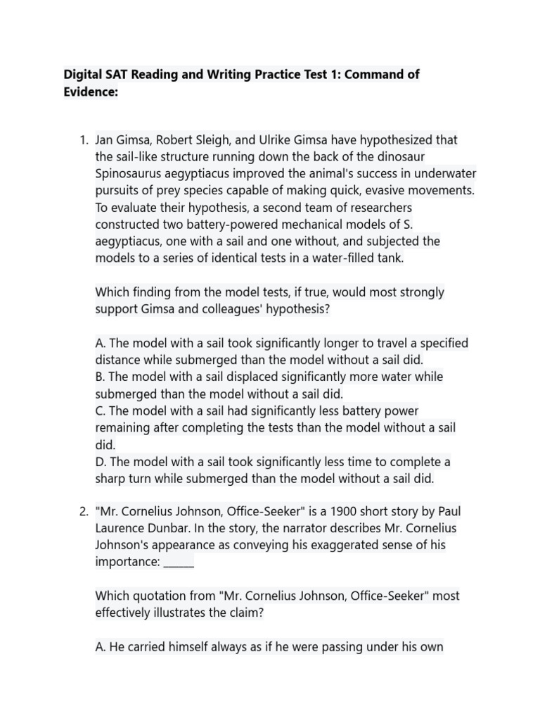 Digital SAT Reading and Writing Practice Test 1 | PDF