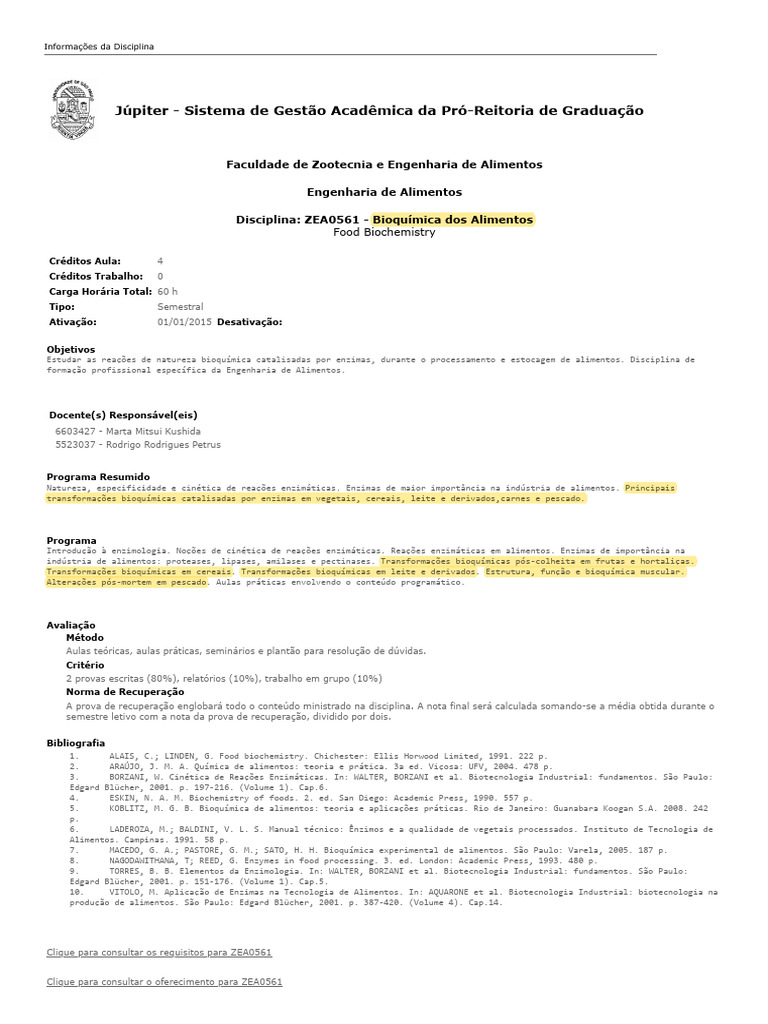 Ementa Eng Alim USP (2022) - Bioq de Alim - 5°SEM | PDF