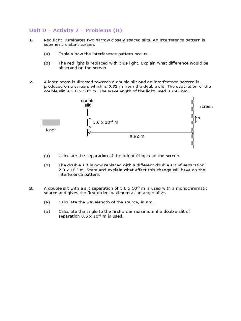 Unit D - Activity 7 - Problems (H) | PDF