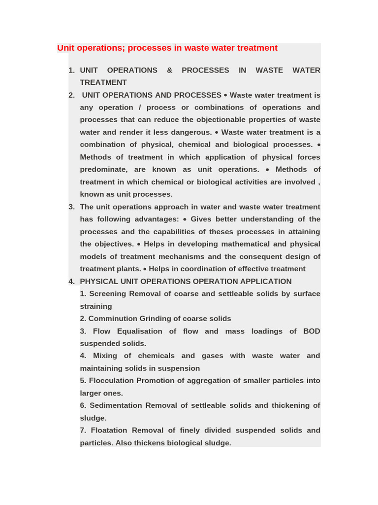 Unit Operation and Unit Process in Waste Water Treatment | PDF