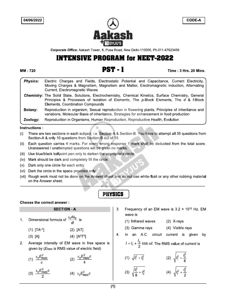 Aakash Intensive PST - 1 | PDF