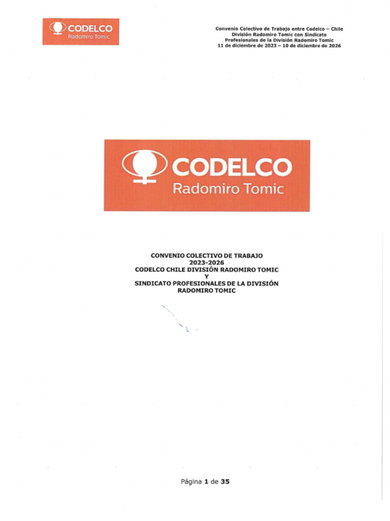 Convenio Colectivo 2023-2026 Codelco DRT y Sind. Profesionales DRT | PDF