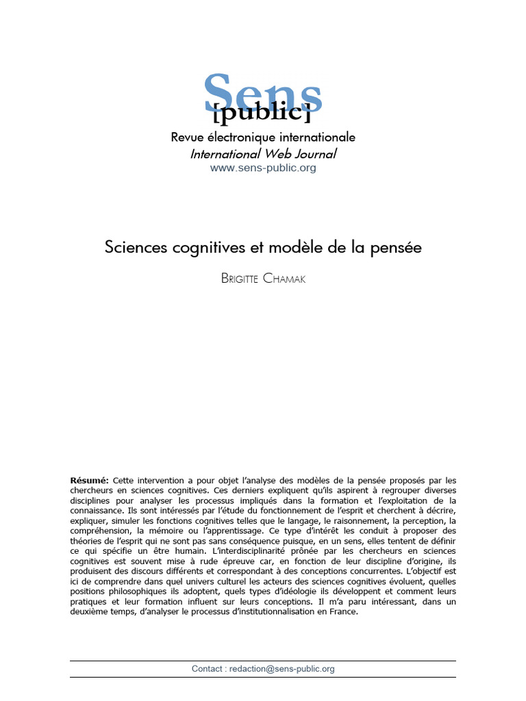 Sciences Cognitives Et Modèle de La Pensée: International Web Journal | PDF