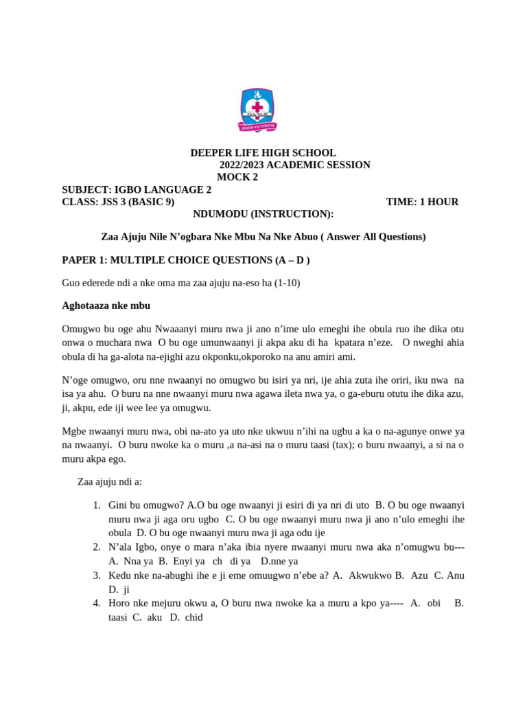 JS 3 Igbo L2 2ND Term Mock 2 | PDF