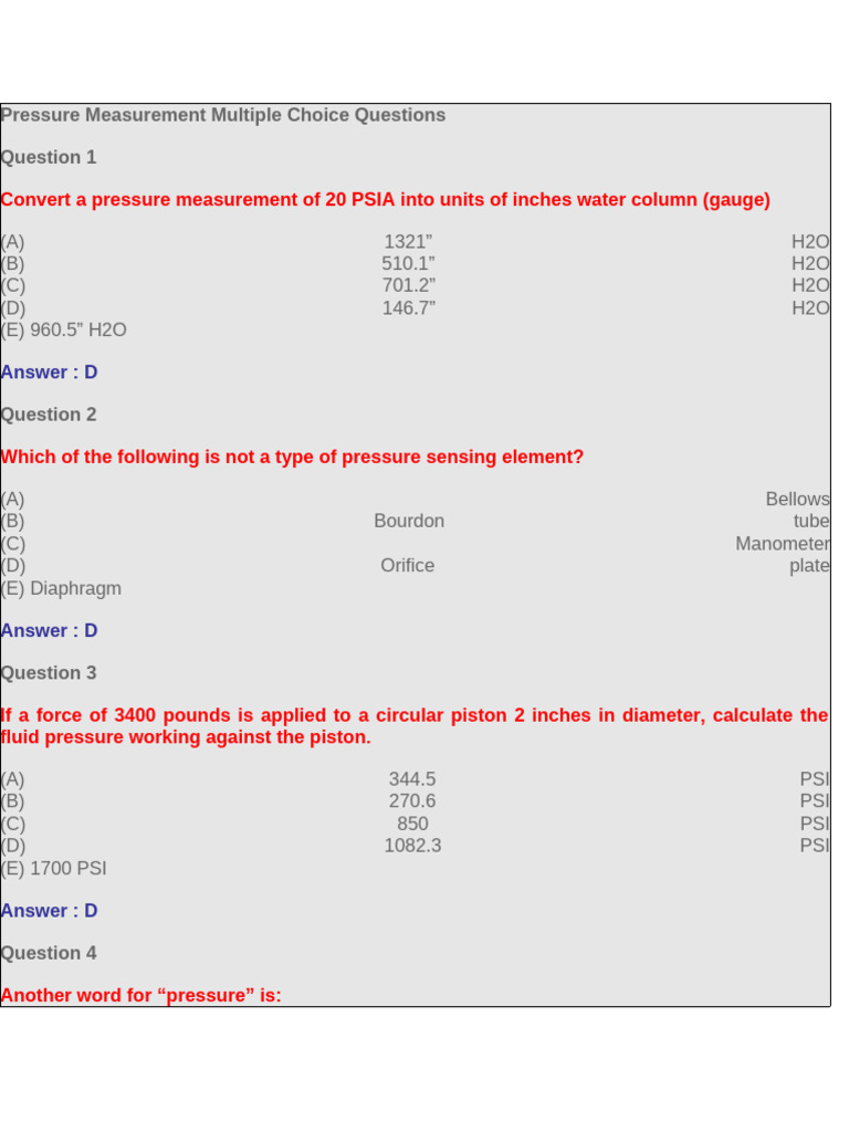 Pressure Measurement Multiple Choice Questions | PDF