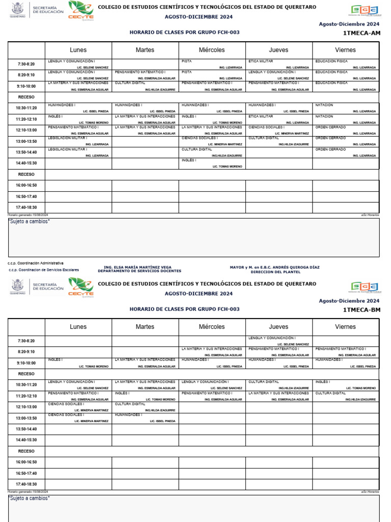 Horarios Sem Ago-Dic2024 Ultima Version | PDF