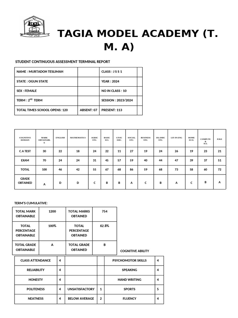 Report Card 2nd Term | PDF