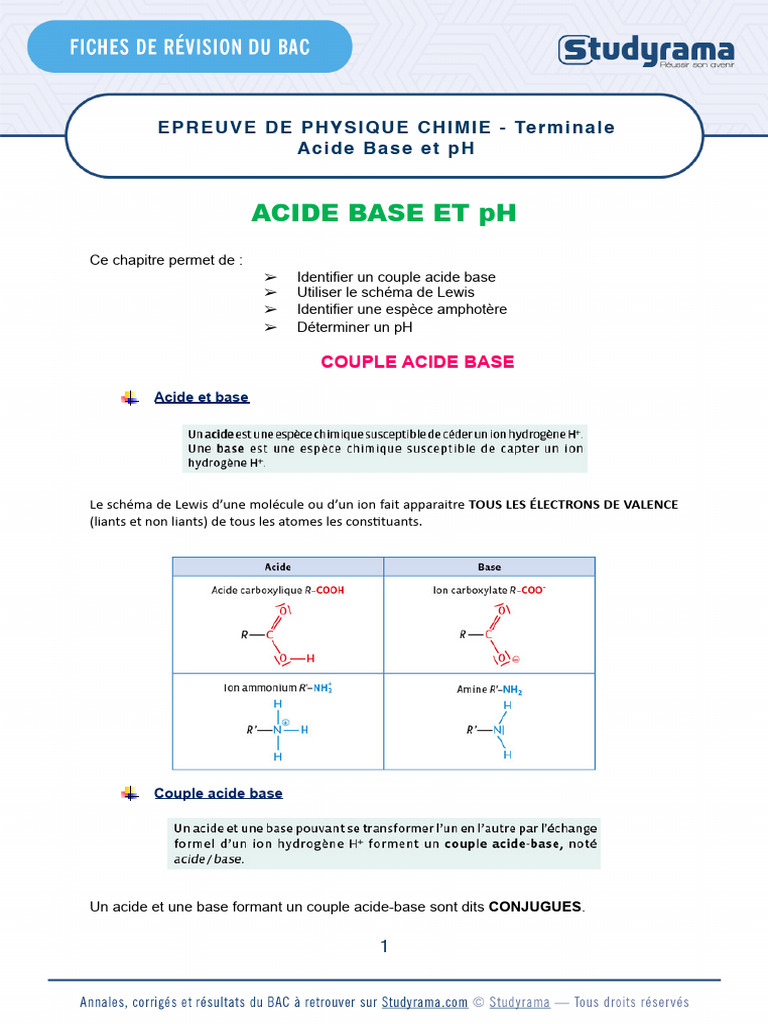 Fiche de Revision Physique Chimie Terminale Bac 2021 Acidebase | PDF