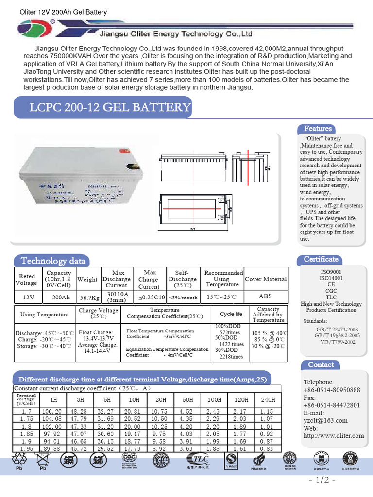 Oliter 12V 200ah Gel BatteryPdf | PDF | Battery (Electricity) | Energy Storage