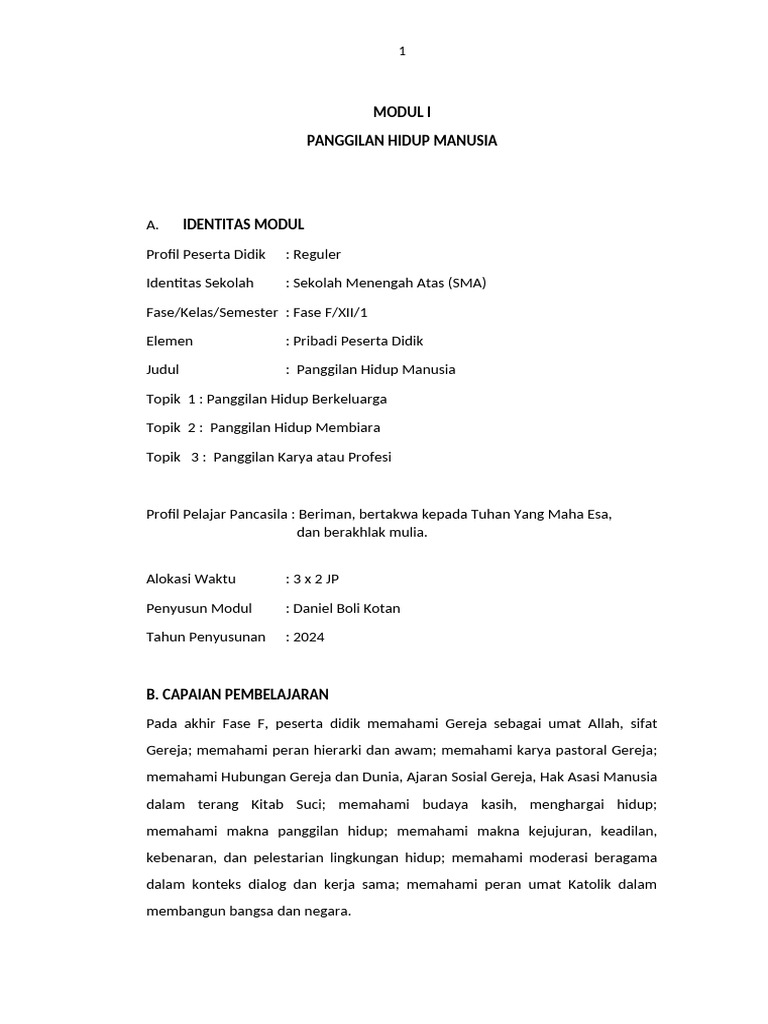Contoh Modul Ajar - PAKAT XII - Bab I Panggilan Hidup Manusia | PDF