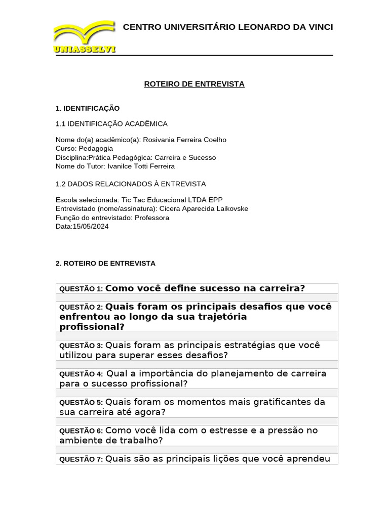 ROTEIRO DE ENTREVISTA Semi Instruturado | PDF ROTEIRO DE ENTREVISTA Semi Instruturado | PDF