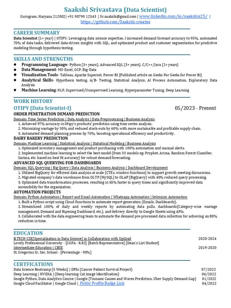 Data Scientist Saakshi Srivastava Resume | PDF