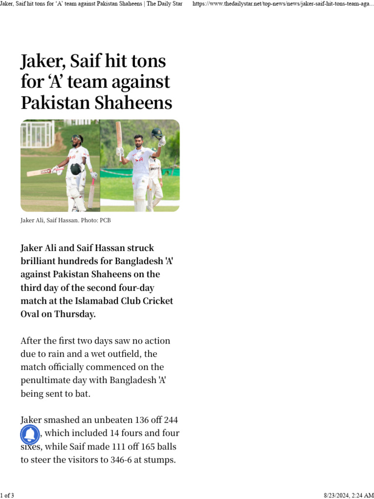 Jaker, Saif Hit Tons For A' Team Against Pakistan Shaheens - The Daily ...
