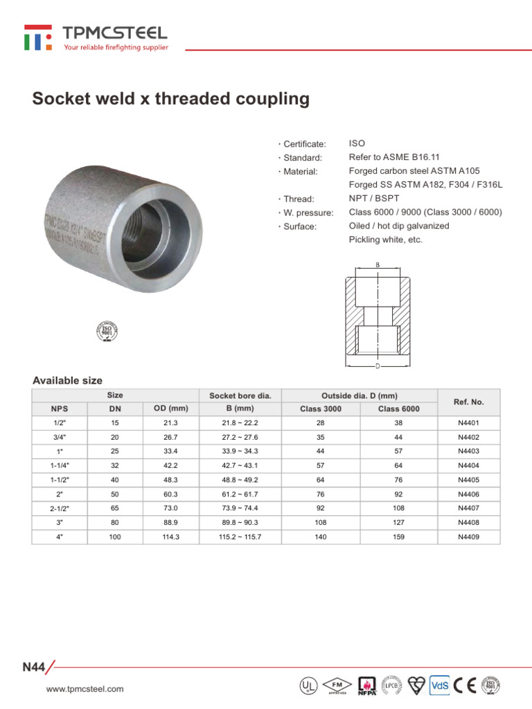 N44 Socket Weld X Threaded Coupling | PDF