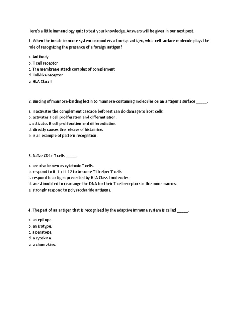 Immunology Short Quiz With Answers | PDF | Major Histocompatibility ...