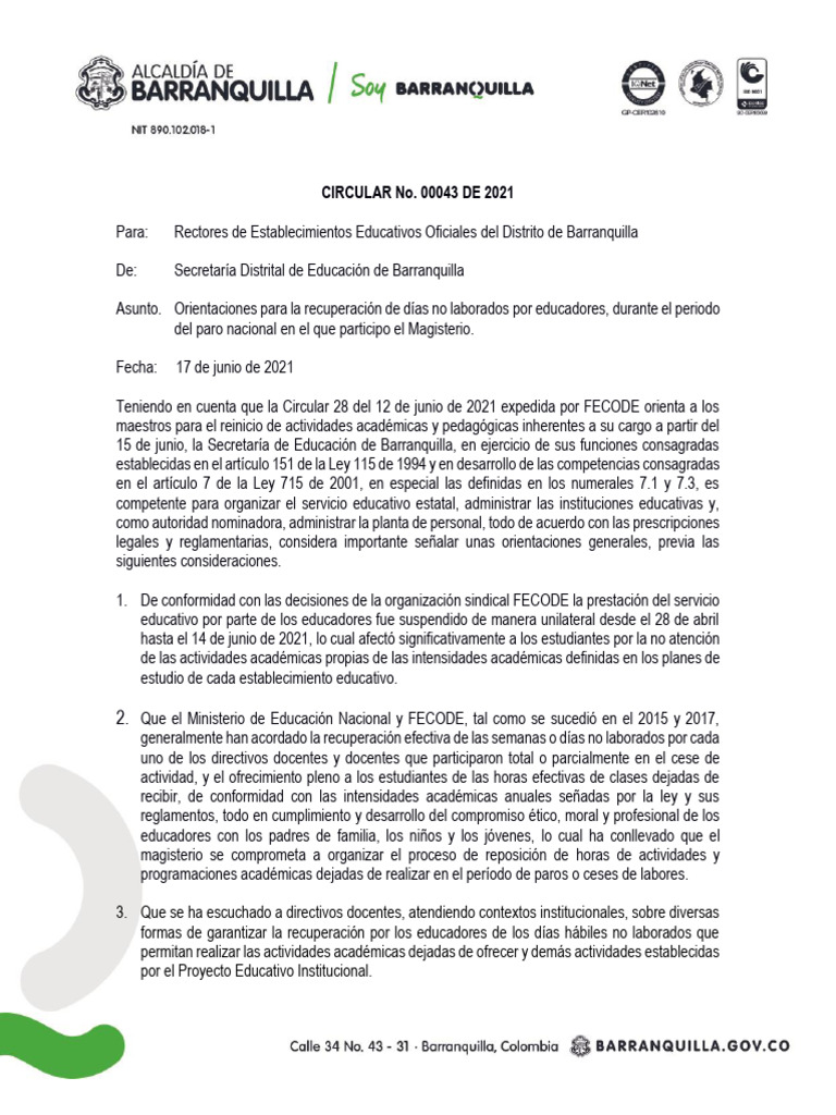 43 Circular No00043 2021 Orientaciones Recuperacion Dias No Laborales ...
