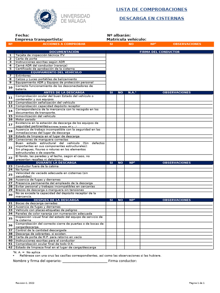 Checklist Descarga Cisternas Rev. 1 | PDF