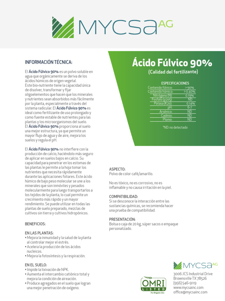 Acido Fulvico 90 Mycsa ESP Tech Sheet | PDF