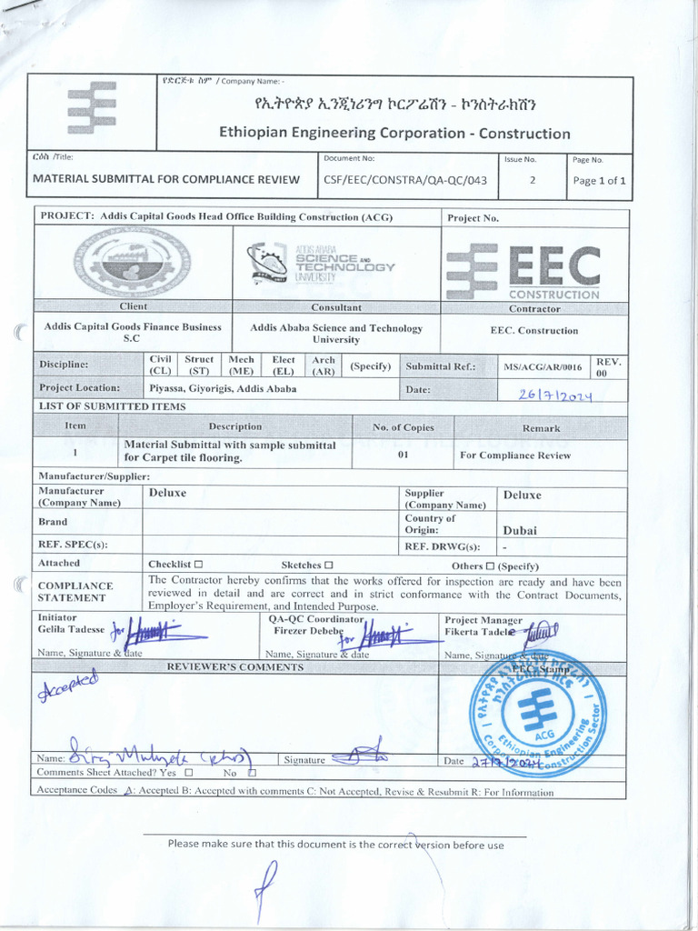 MS-ACG-AR-0016 - Material Submittal With Sample Submittal For Carpet ...