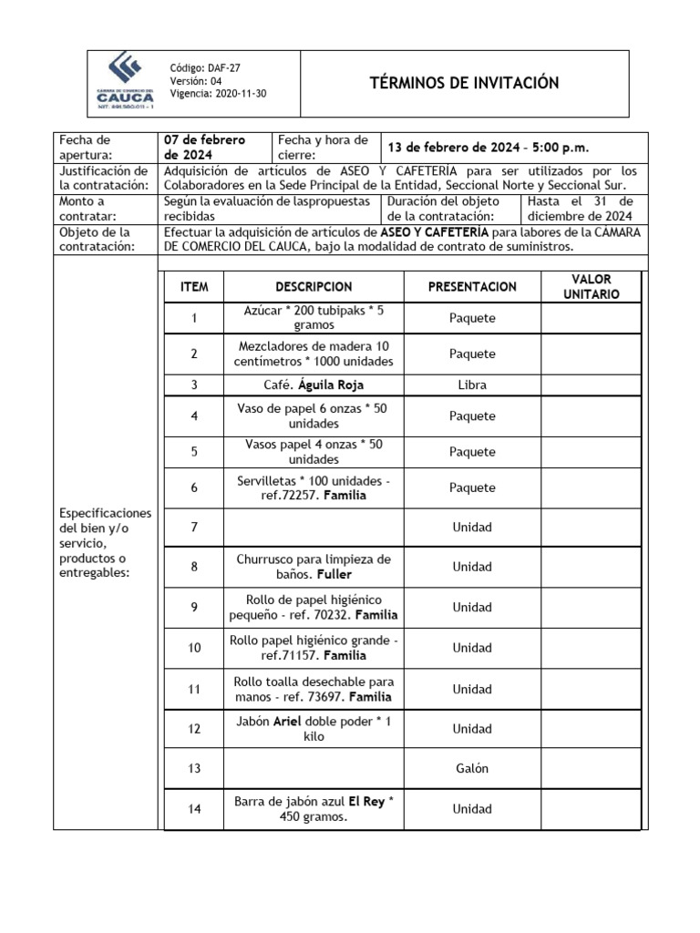 Terminos Elementos de Aseo y Cafetería 2024 | PDF