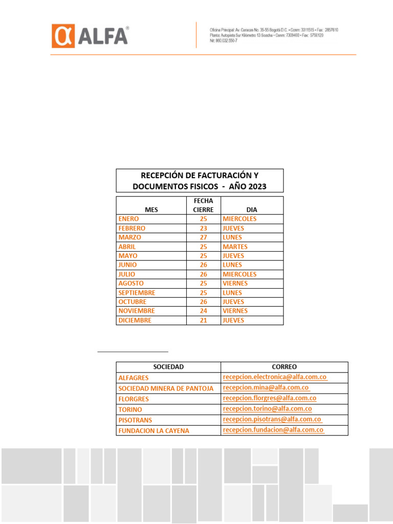 Grupo ALFA - Comunicado cierre de facturación 2023 | PDF