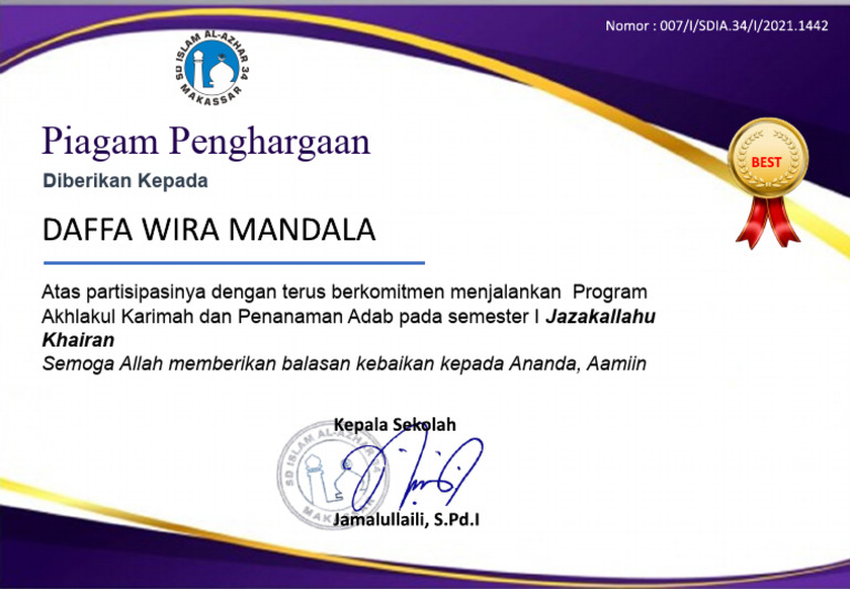 Piagam Penghargaan Daffa | PDF