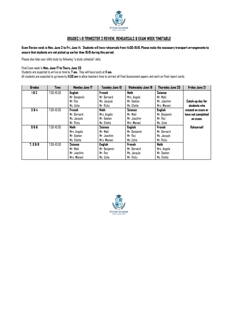 G1-9 Trimester 3 Review Rehearsals Exams Timetable | PDF