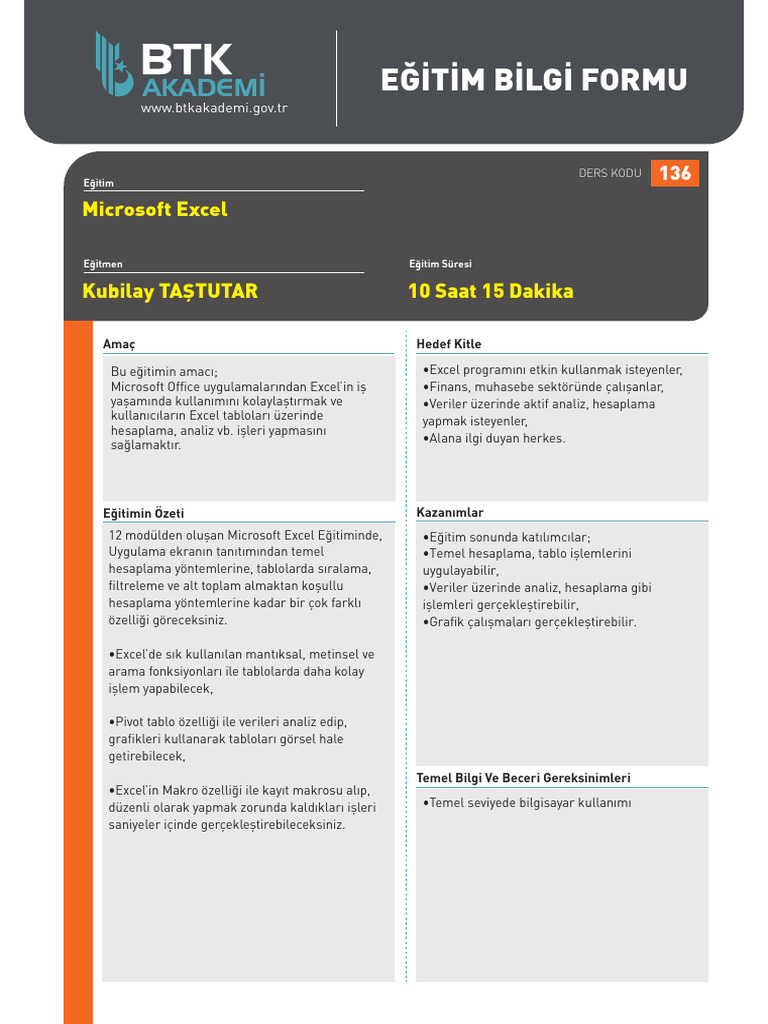 Microsoft Excel Egitim Bilgi Formu | PDF