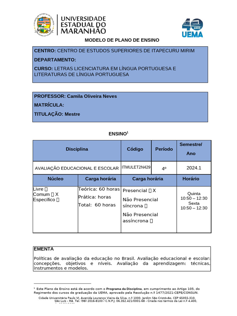 Modelo de Plano de Ensino | PDF