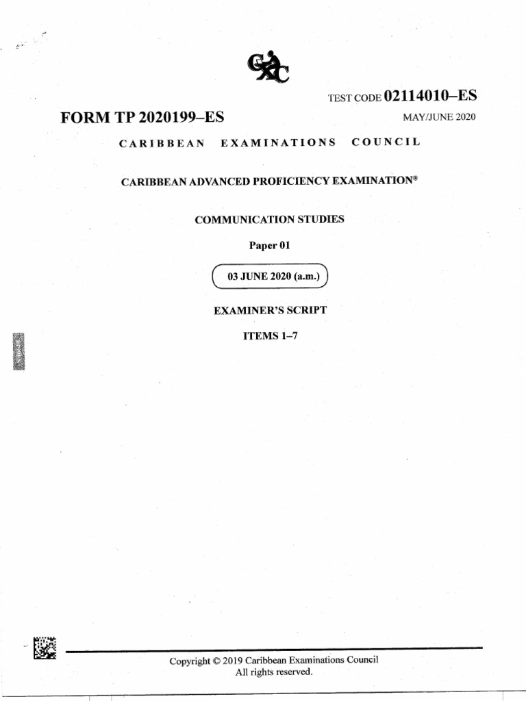 CAPE Communication Studies 2020 P1 (Examiner's Script) | PDF