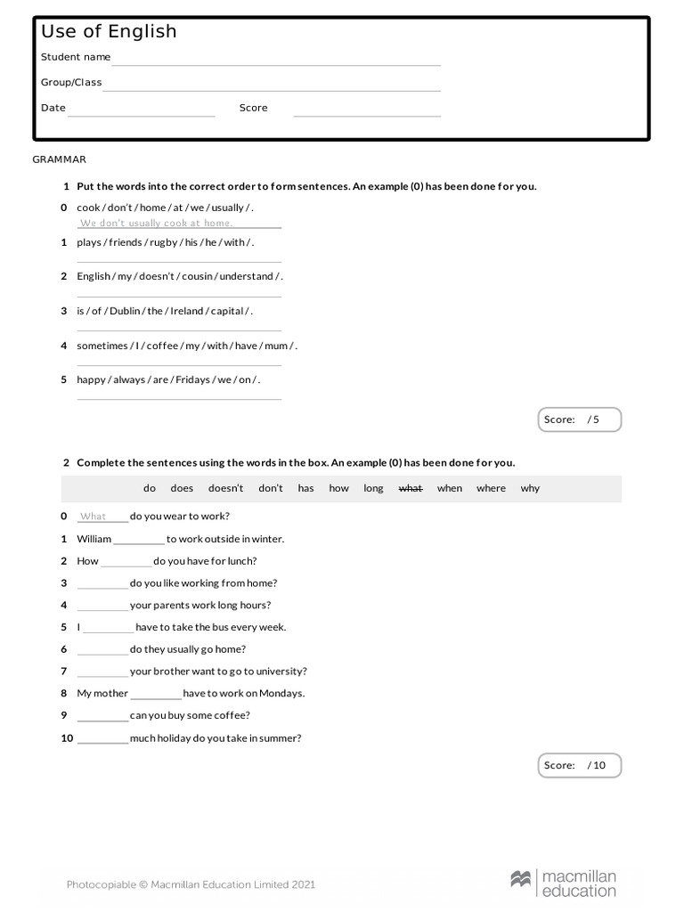 Use of English Worksheet | PDF
