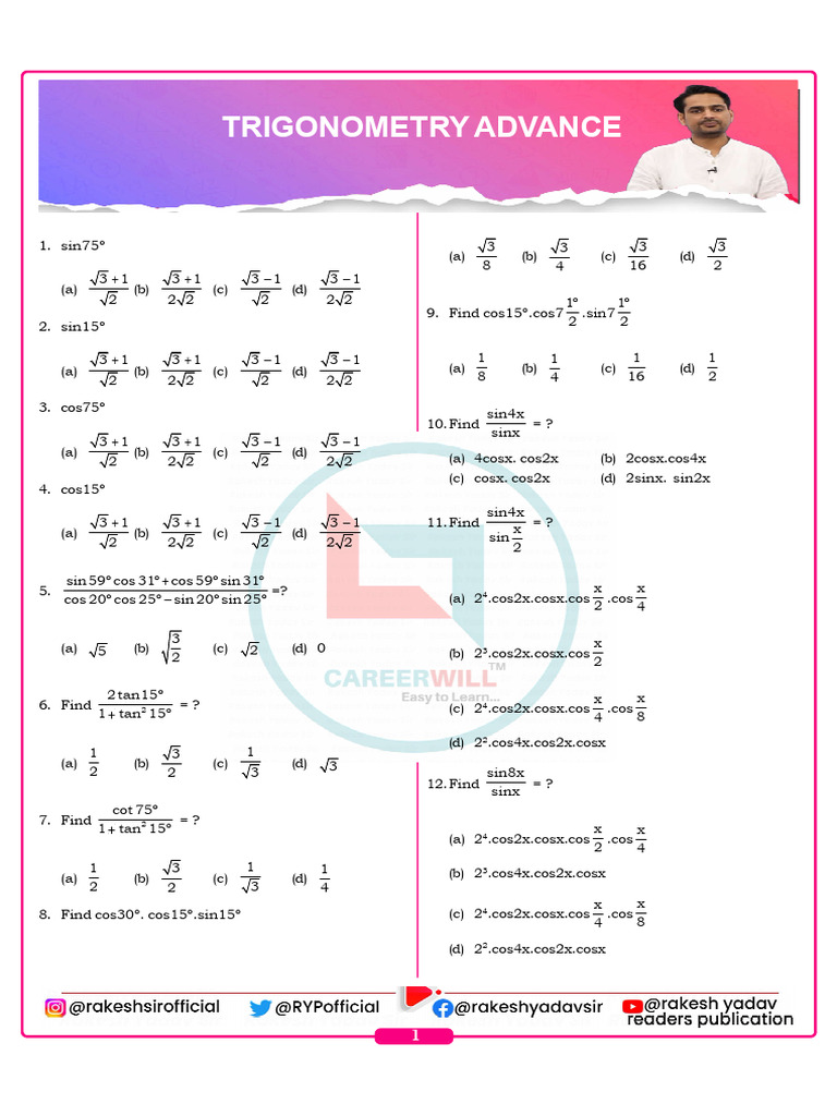 9 Advance Level Trigonometry Sheet | PDF | Trigonometry | Elementary ...