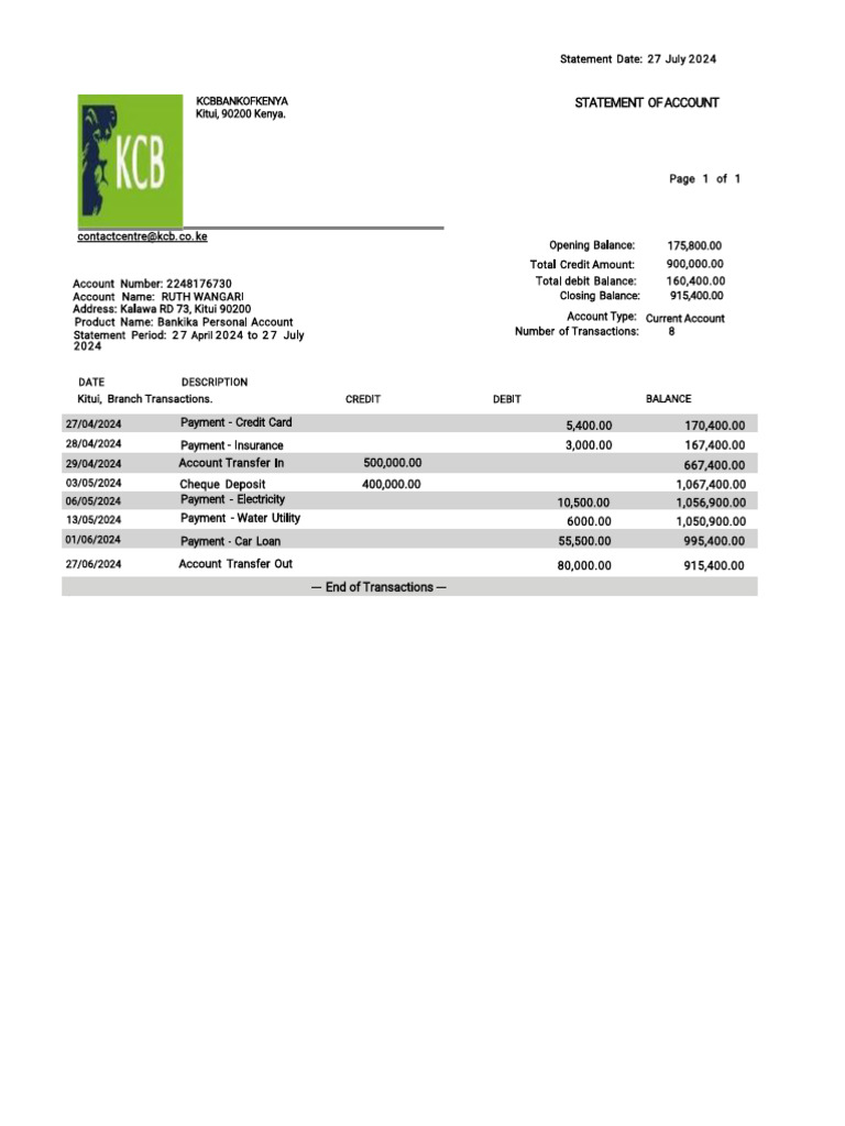 Ruth Wangari KCB Bank Statement | PDF
