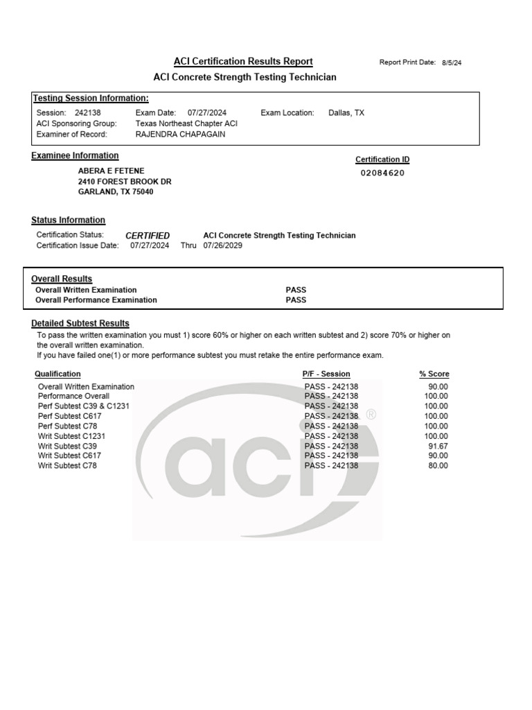 ACI Certification Results Report ACI Concrete Strength Testing ...