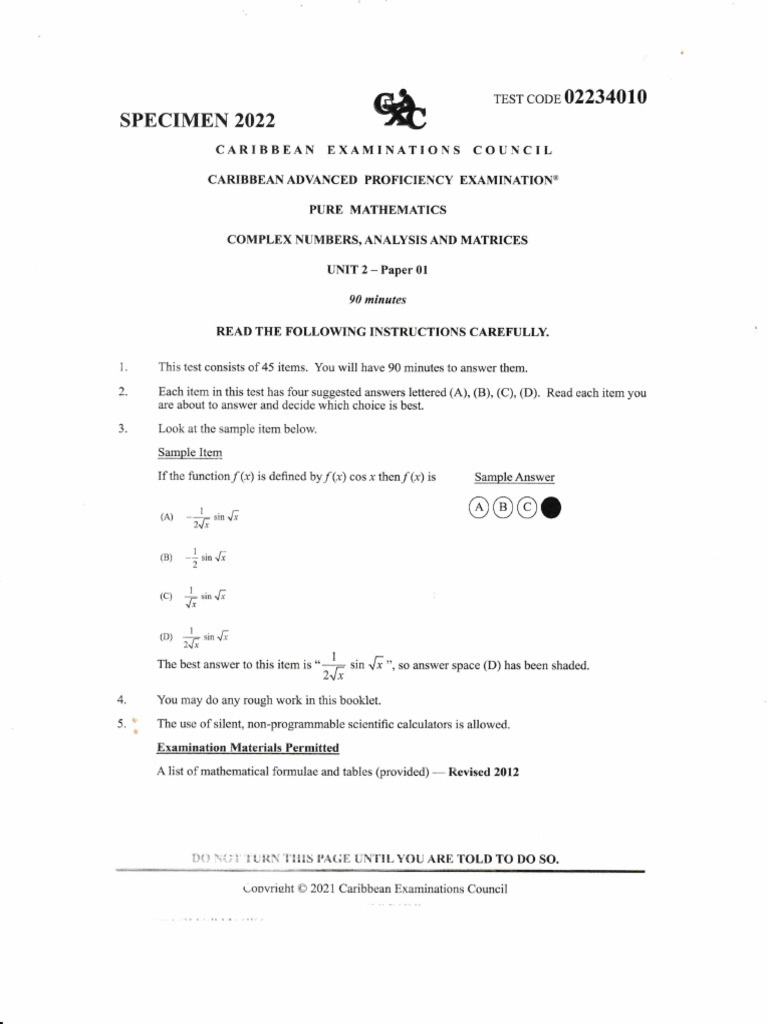 Cape Pure Mathematics Specimen Paper 2022 With Answers | PDF