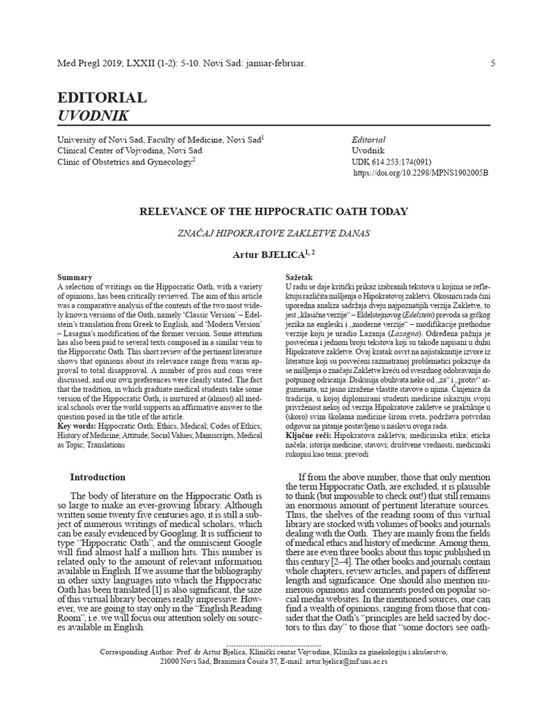 Relevance of The Hippocratic Oath Today 1qs3ti1t21 | PDF