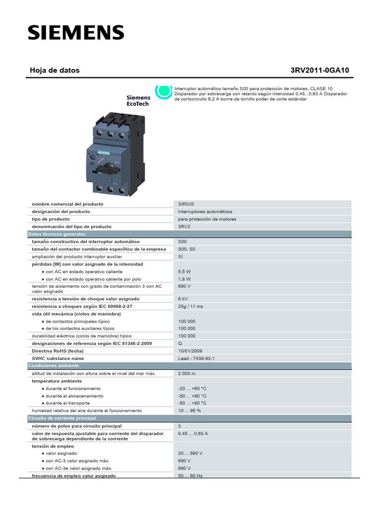 PDF SIEMENS - 3RV2011-0GA10 - Datasheet - Es | PDF