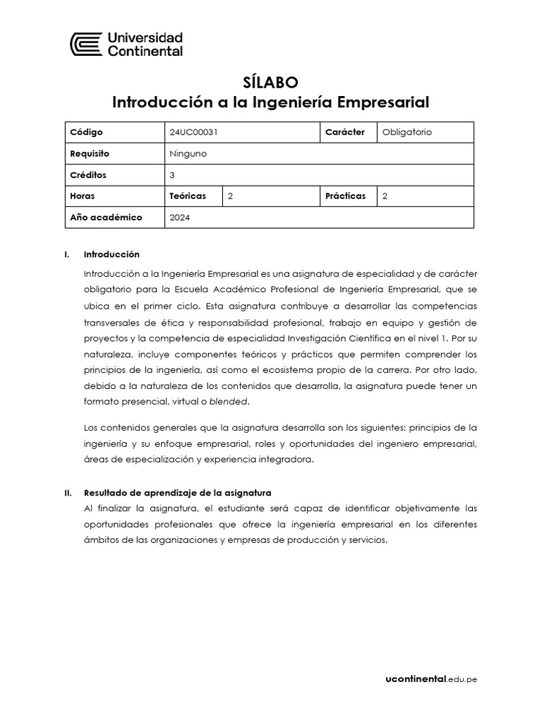 Sílabo Introducción Ing. Industrial Universidad Continental | PDF | Procesos de negocio | Negocios