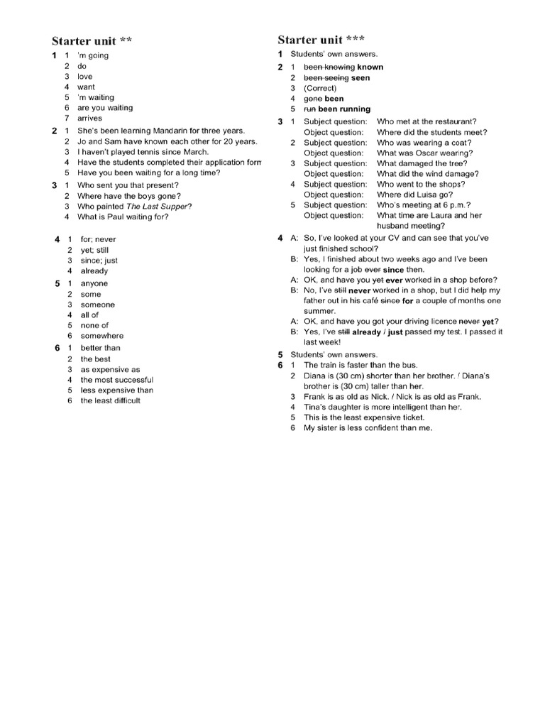 Answer Key Starter Unit | PDF