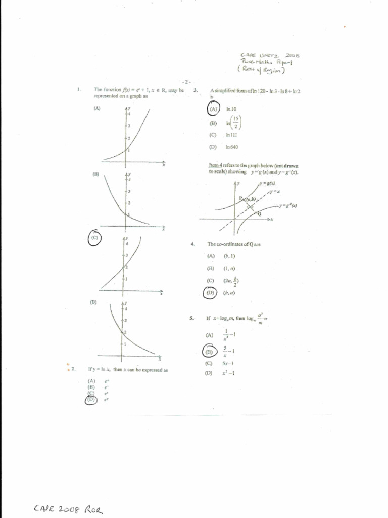 Cape Pure Mathematics U2 P1 May-June 2008 ROR With Answers | PDF