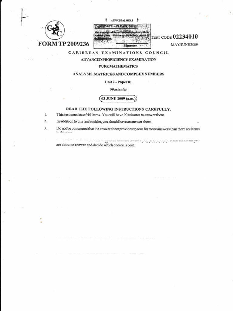 Cape Pure Mathematics U2 P1 May-June 2009 With Answers | PDF