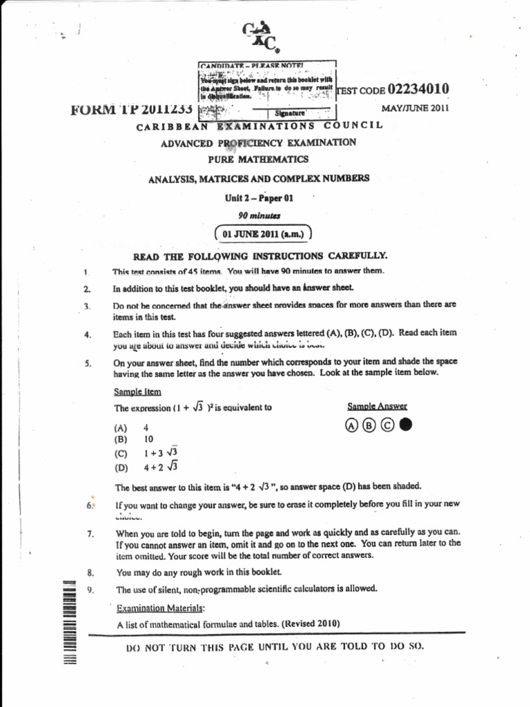 Cape Pure Mathematics U2 P1 May-June 2011 With Answers | PDF