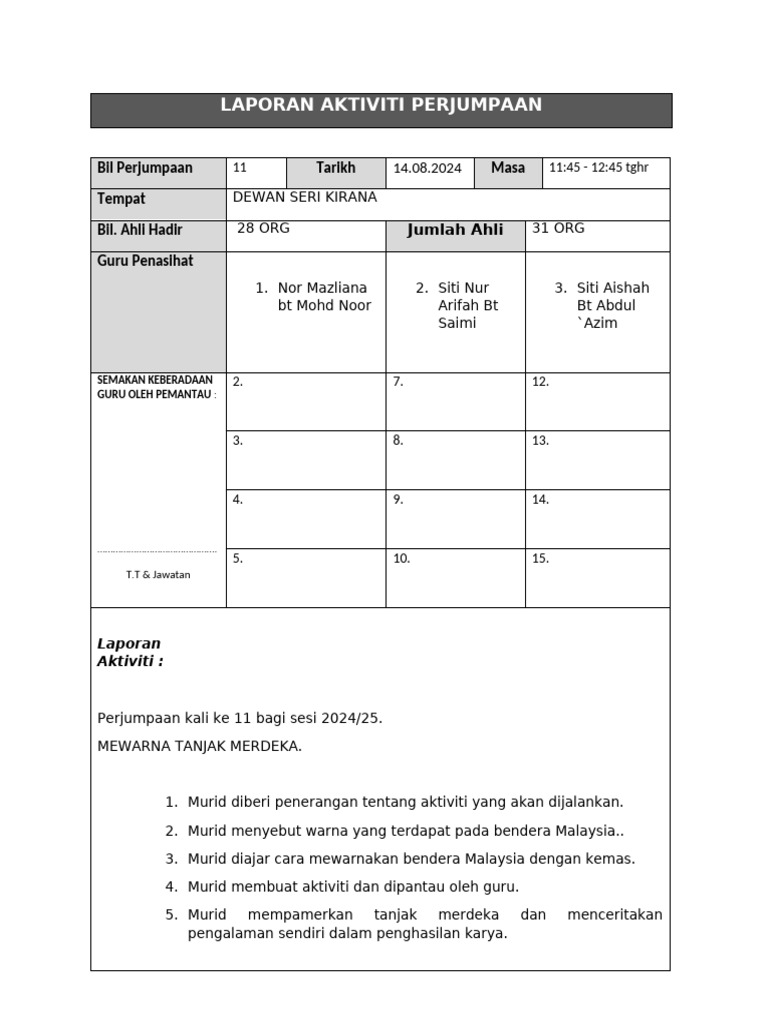 LAPORAN AKTIVITI PERJUMPAAN Kokurikulum | PDF