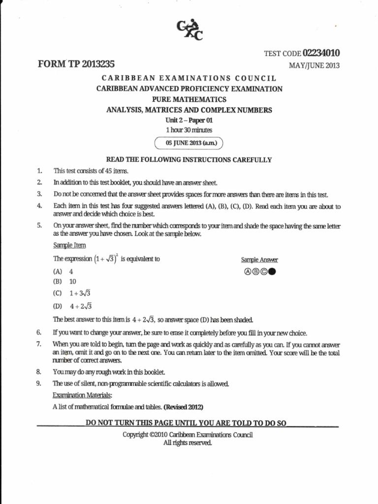 Cape Pure Mathematics U2 P1 May-June 2013 With Answers | PDF