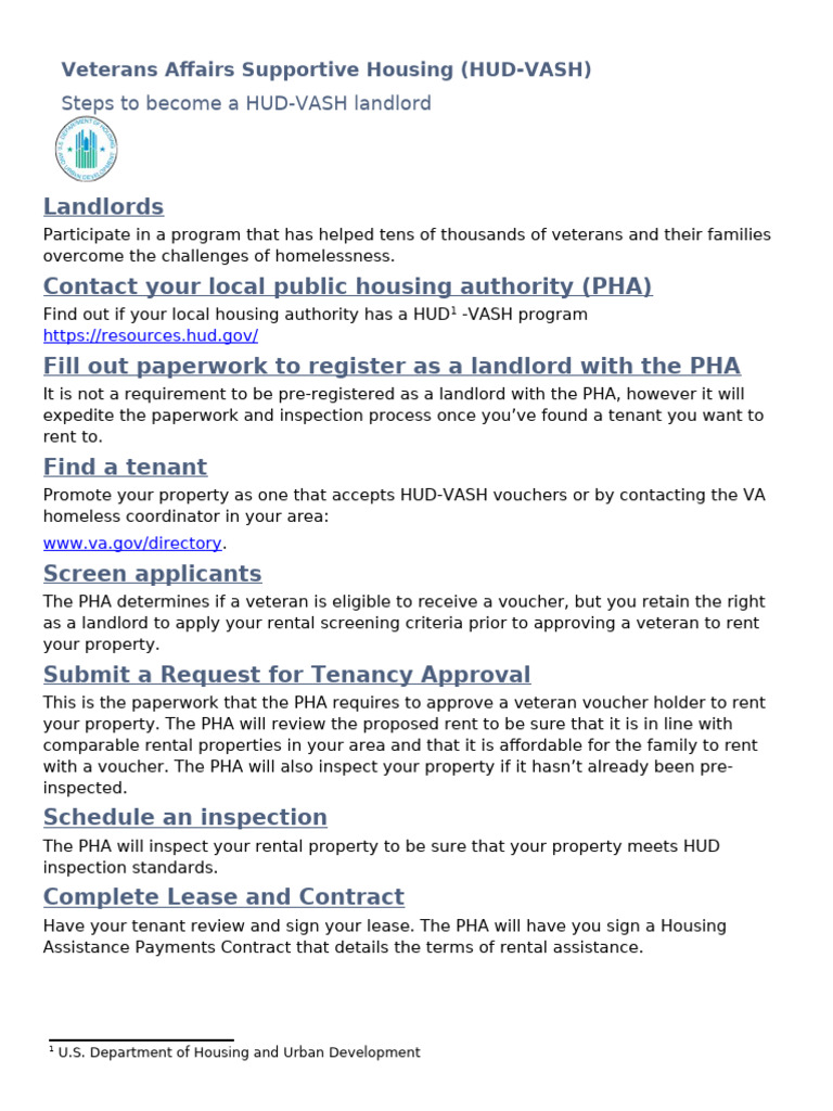 HCV Landlord Resource Steps To Become A HUD VASH Landlord | PDF