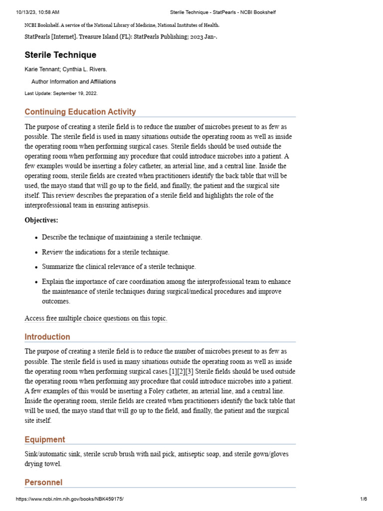 Sterile Technique - StatPearls - NCBI Bookshelf | PDF