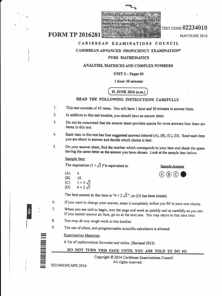 Cape Pure Mathematics U2 P1 May-June 2016 With Answers | PDF