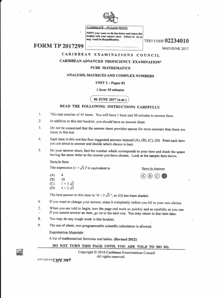 Cape Pure Mathematics U2 P1 May-June 2017 With Answers | PDF
