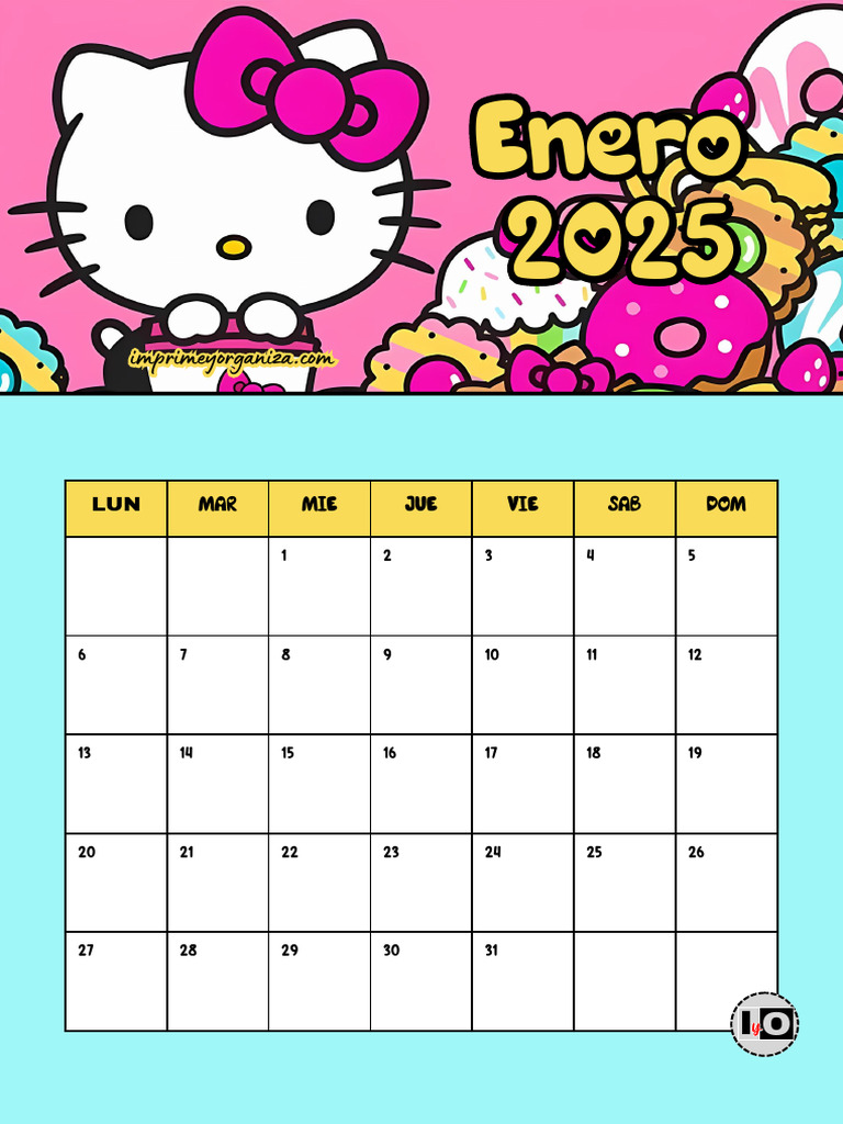 Calendario Mensual de 2025 Hello Kitty Dulces | PDF
